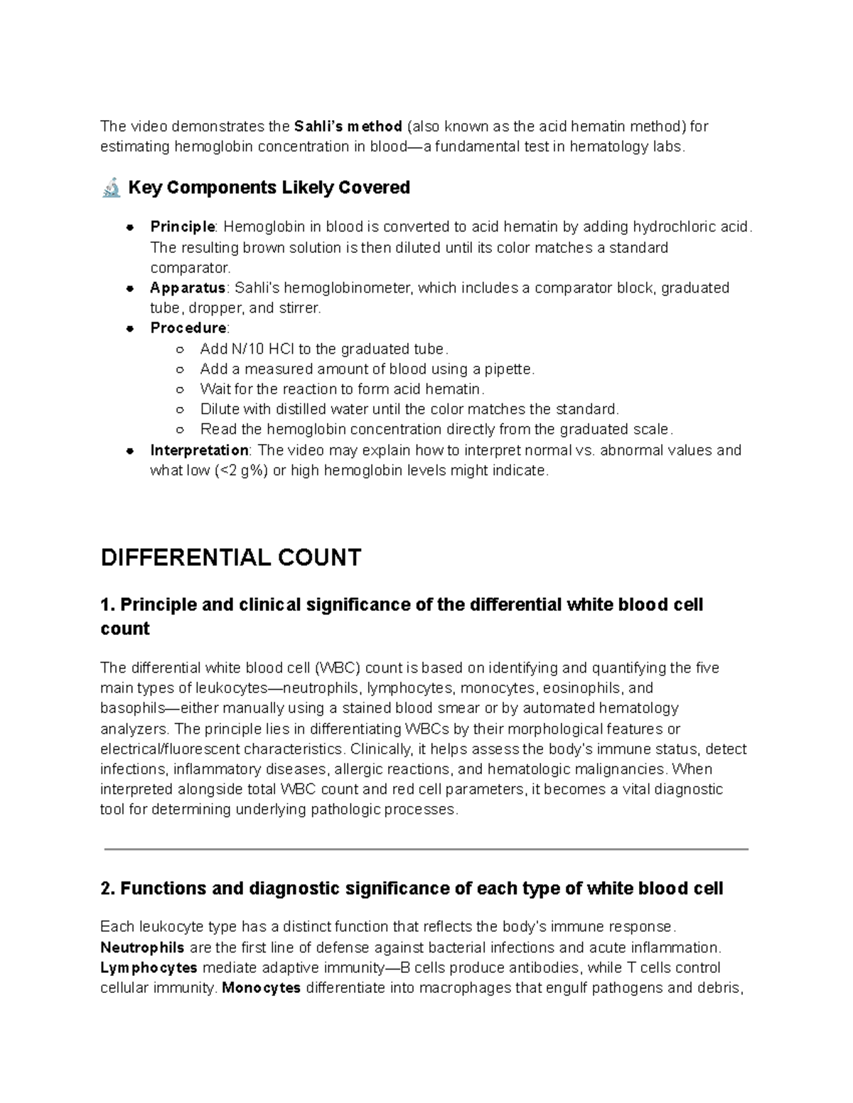 HEMA LAB MT - Summary of Hemoglobin and Differential Count Methods ...