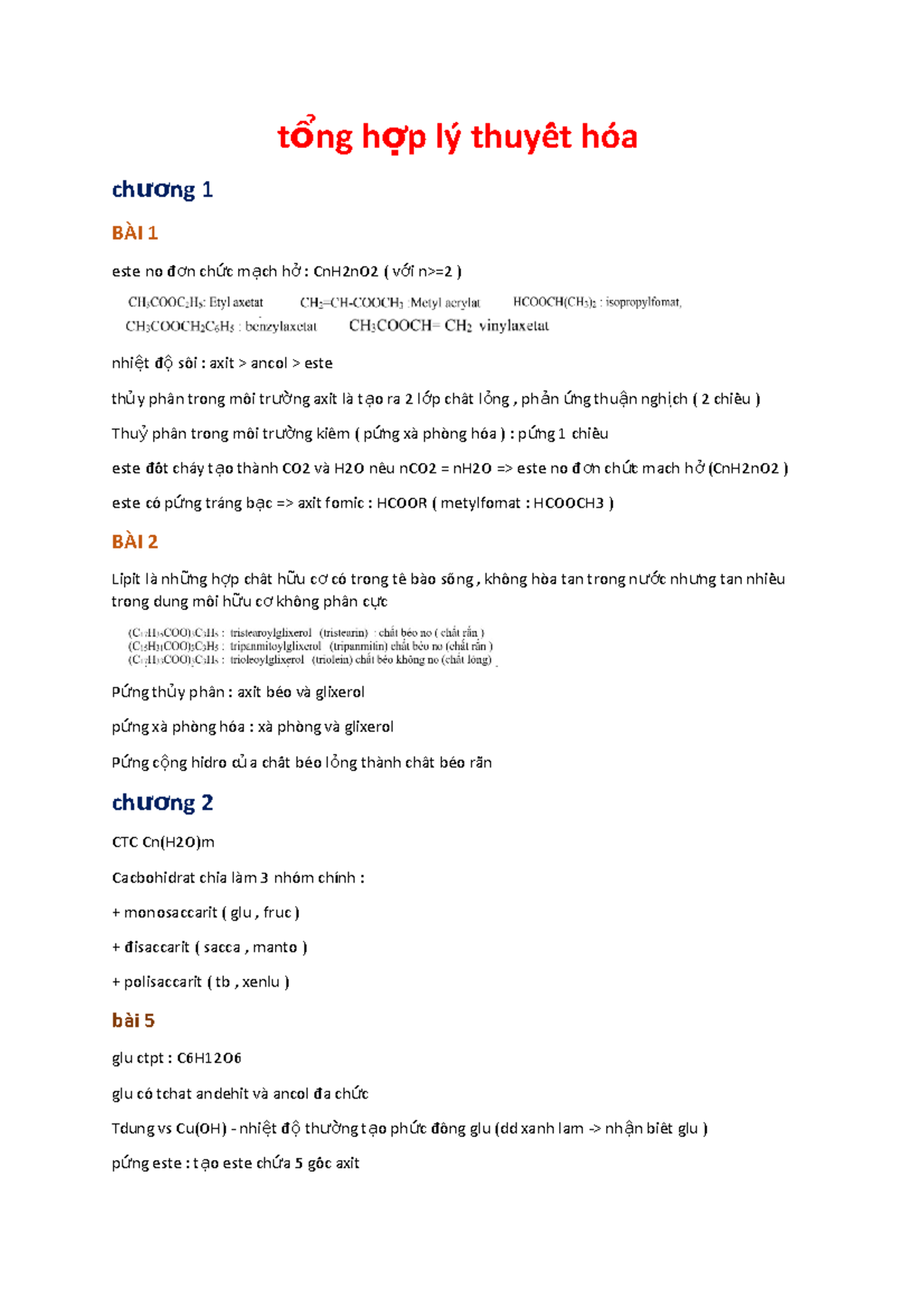 Tổng hợp lý thuyết hóa - hdfhdh - t ổng h ợp lý thuyếết hóa ch ương 1 BÀI 1 este no đ ơn ch ức m ...