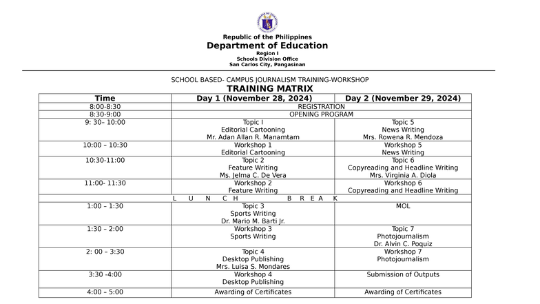 SCHOOL CAMPUS JOURNALISM TRAINING MATRIX (Nov 28-29, 2024) - Studocu