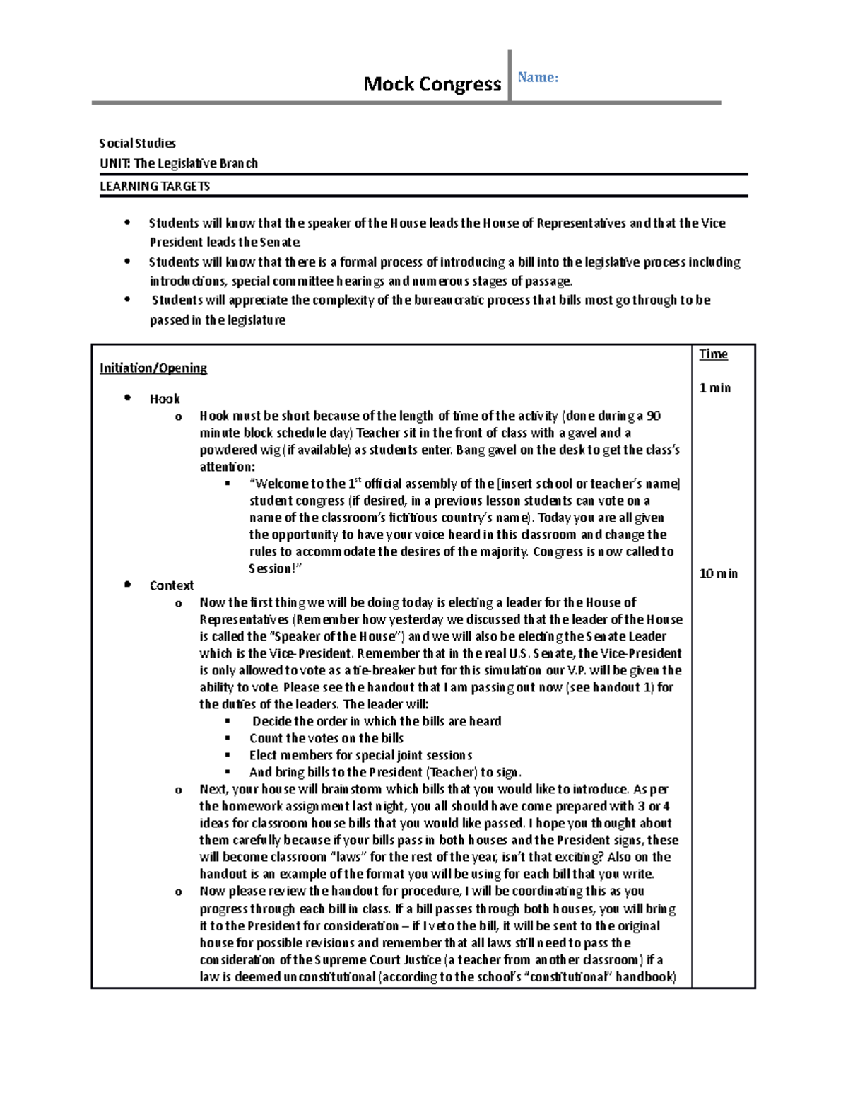 Mock Congress Legislative Government Lesson Plan (SS101) - Studocu