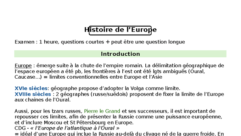 L2 S3 Examen : Histoire de l'Europe et ses Transformations - Studocu