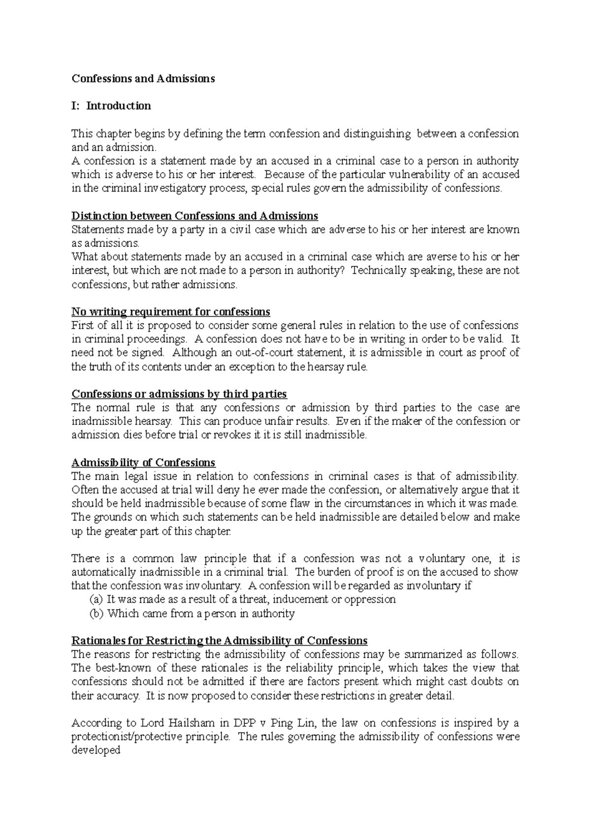 Evidence Notes: Topic 9 - Confessions & Admissions - Part 1 - Studocu