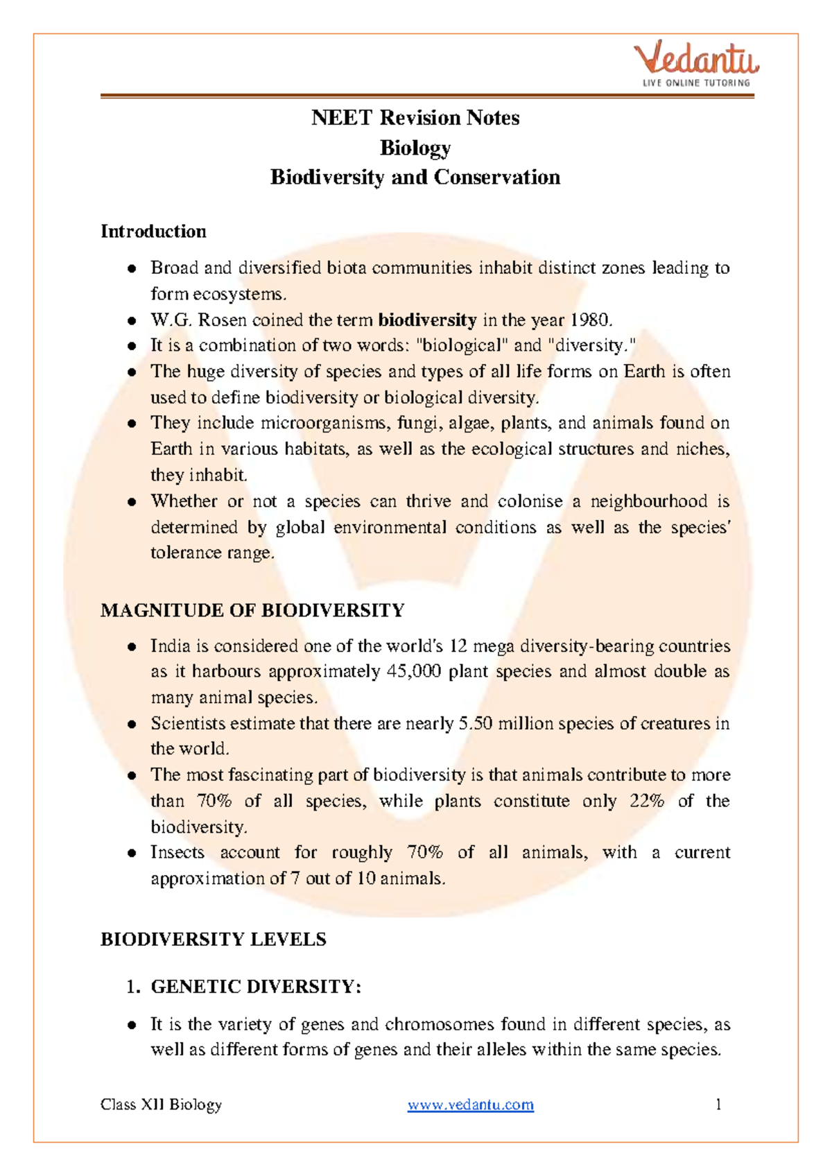 Class XII Biology: NEET Revision Notes on Biodiversity & Conservation ...