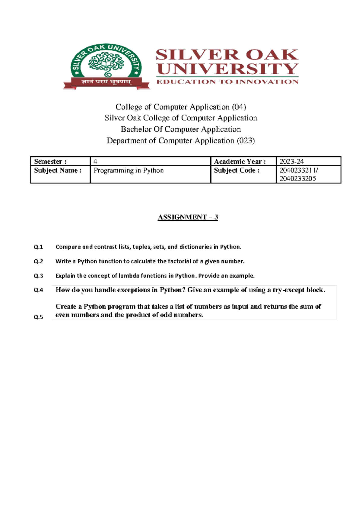 Python Assignment 3 (BCA 2040233205): Lists, Tuples, Sets & Functions - Studocu