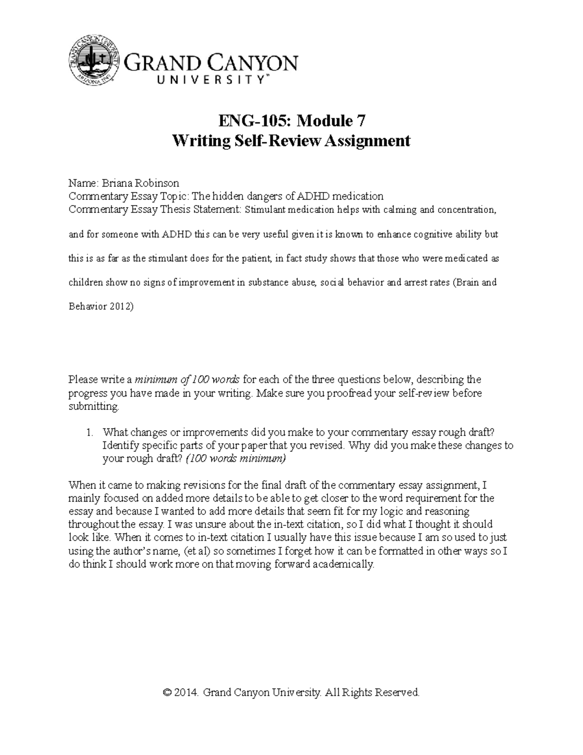 ENG 105 RS Self-Review of Commentary Essay Progress and Revisions - Studocu