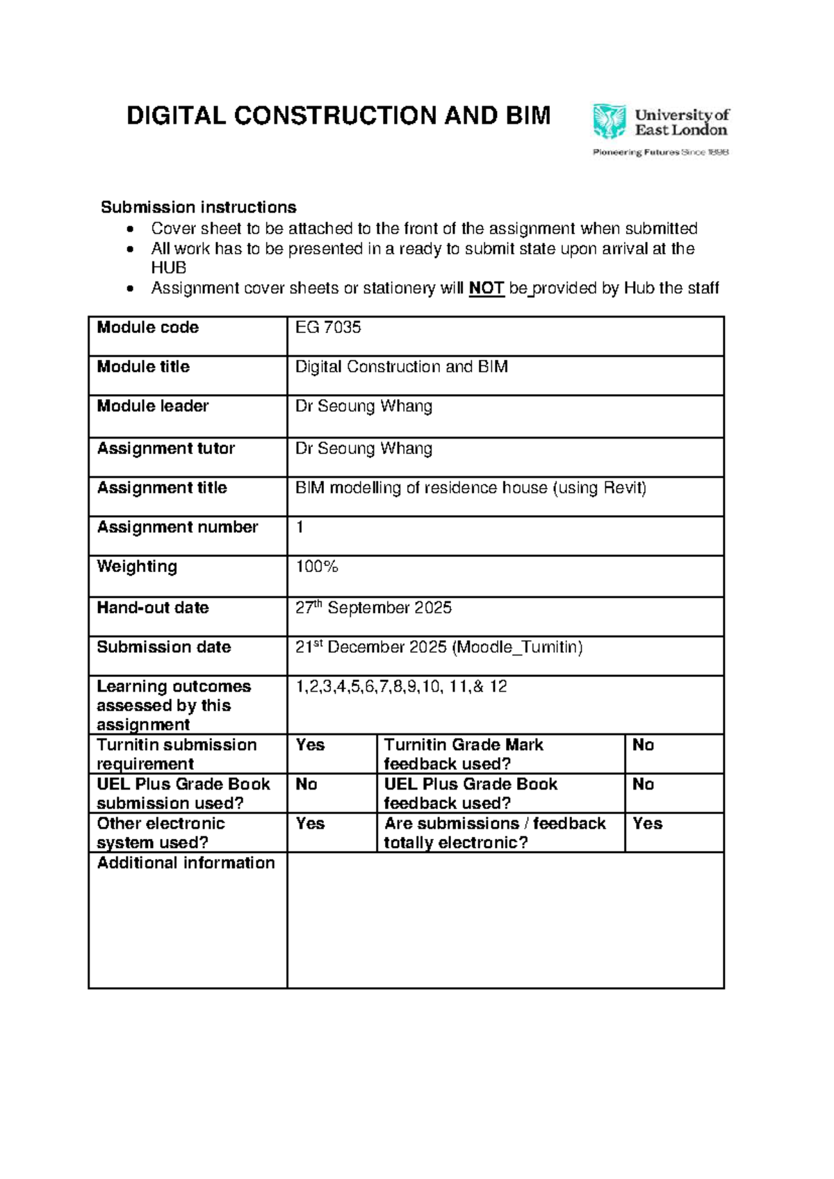 EG7035 Digital Construction & BIM: Assignment 1 - BIM Modelling of ...