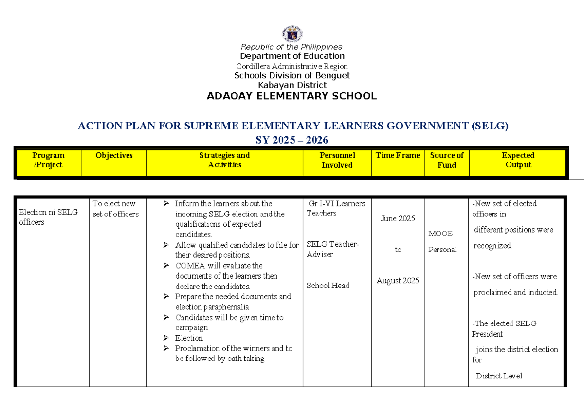 ADAOAY ELEMENTARY SCHOOL ACTION PLAN FOR SELG SY 2025-2026 - Studocu