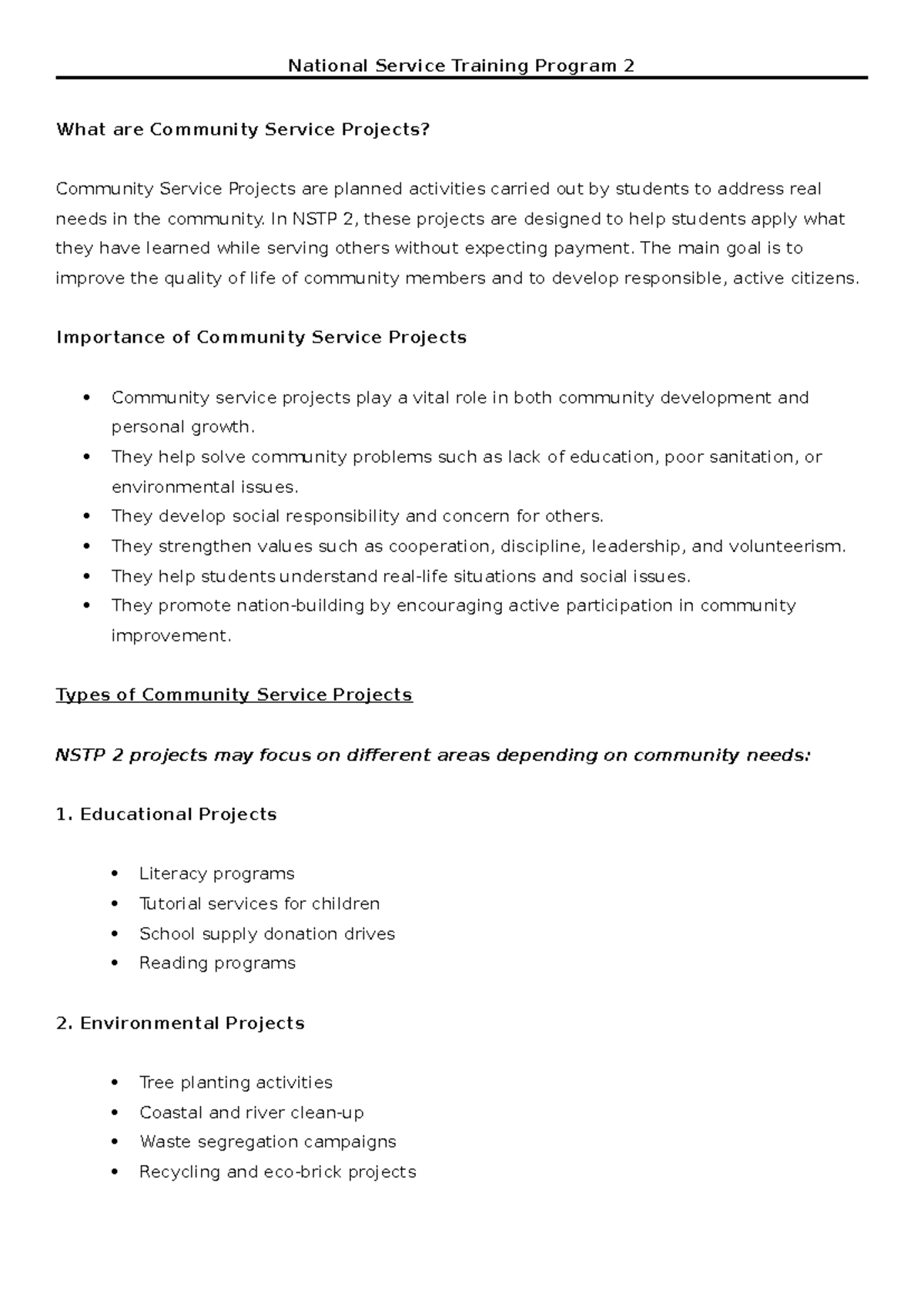 NSTP 2: Community Service Projects Overview and Examples - Studocu