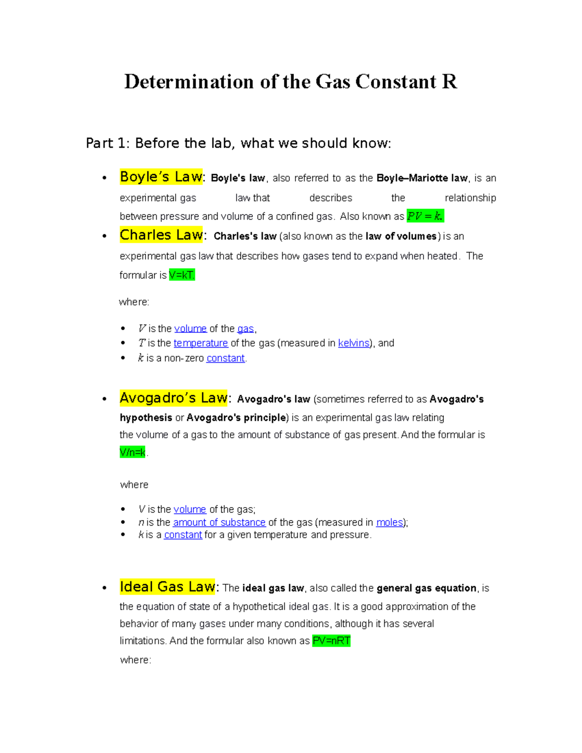 Chemistry pre lab - Determination of the Gas Constant R Part 1: Before ...