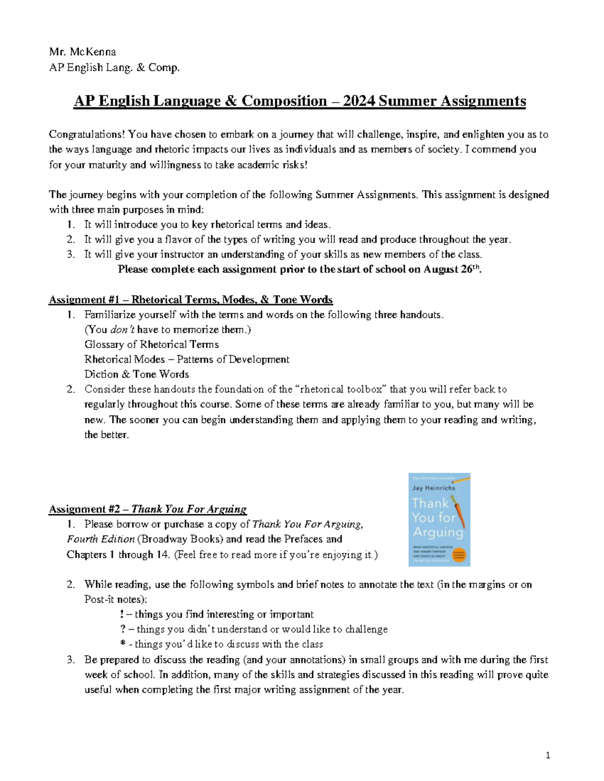 Mr. McKenna AP English Lang. Comp. 2024 Summer Reading Assignments ...