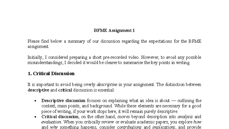 BFME Assignment 1 Guidance: Key Points for Critical Discussion - Studocu