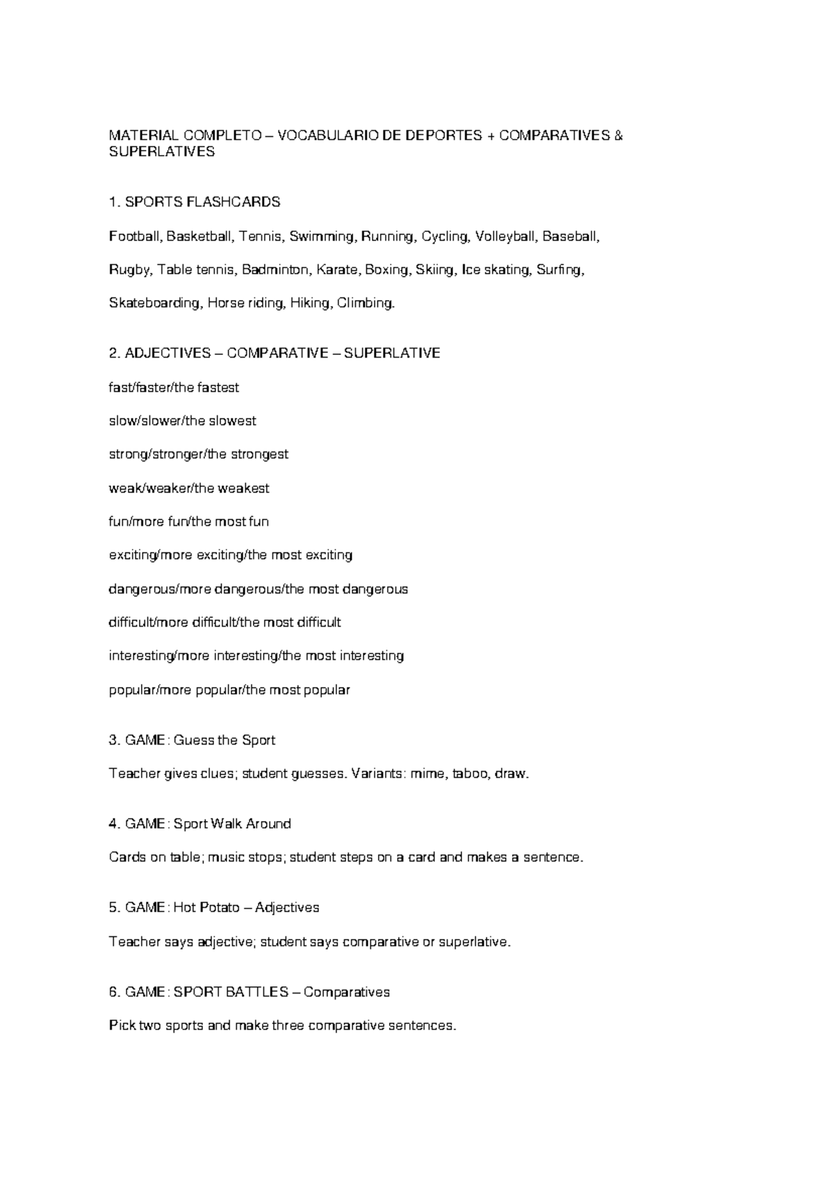 Material Completo: Vocabulario de Deportes y Adjetivos Comparativos ...