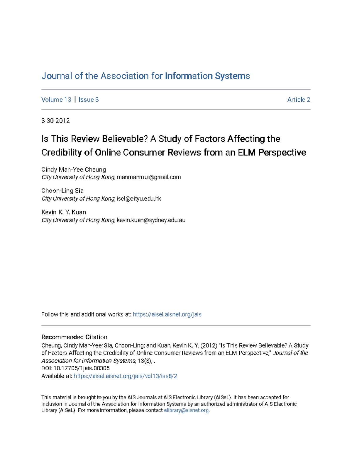 Factors Influencing Online Review Credibility: ELM Insights (AIS 13-8 ...