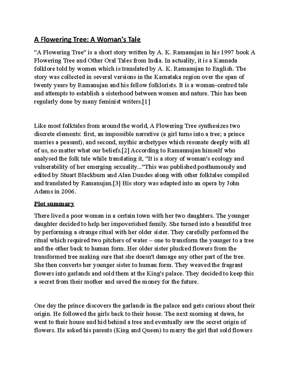 Summary of 'The Flowering Tree' - Summary of ‘The Flowering Tree’ – A K ...