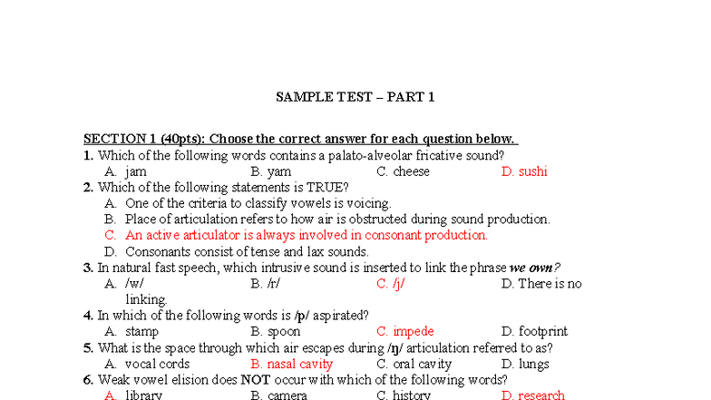 Sample Test Part 1: Phonetics & Phonology Questions - Studocu