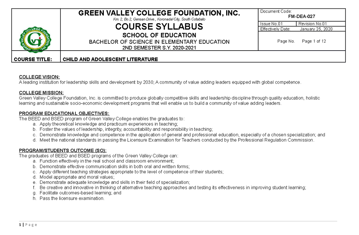 Child and Adolescent Literature Syllabus - BEED 2nd Sem S.Y. 2020-2021 ...