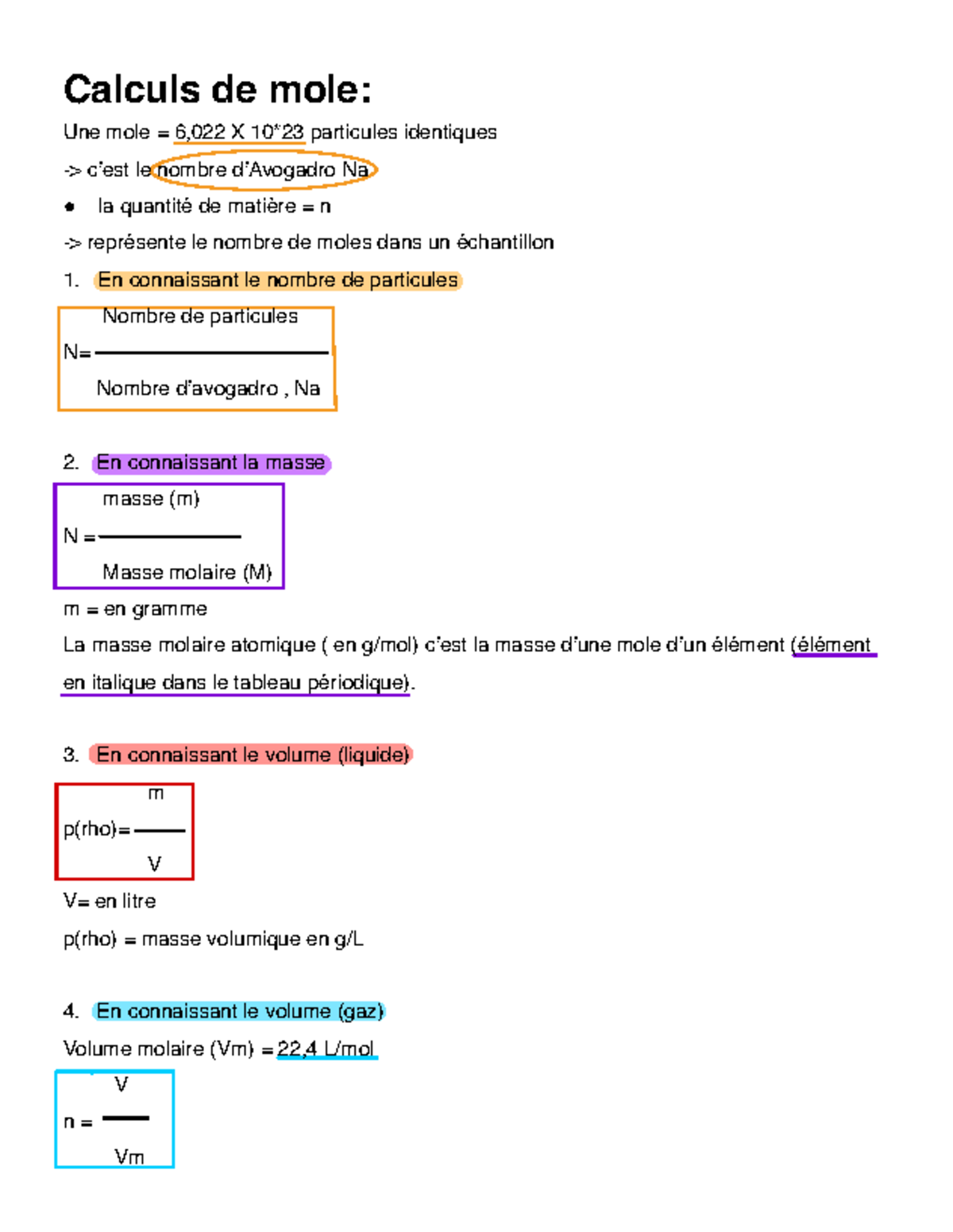 Calculs De Mole - ………. - Calculs de mole: Une mole = 6,022 X 10*23 ...