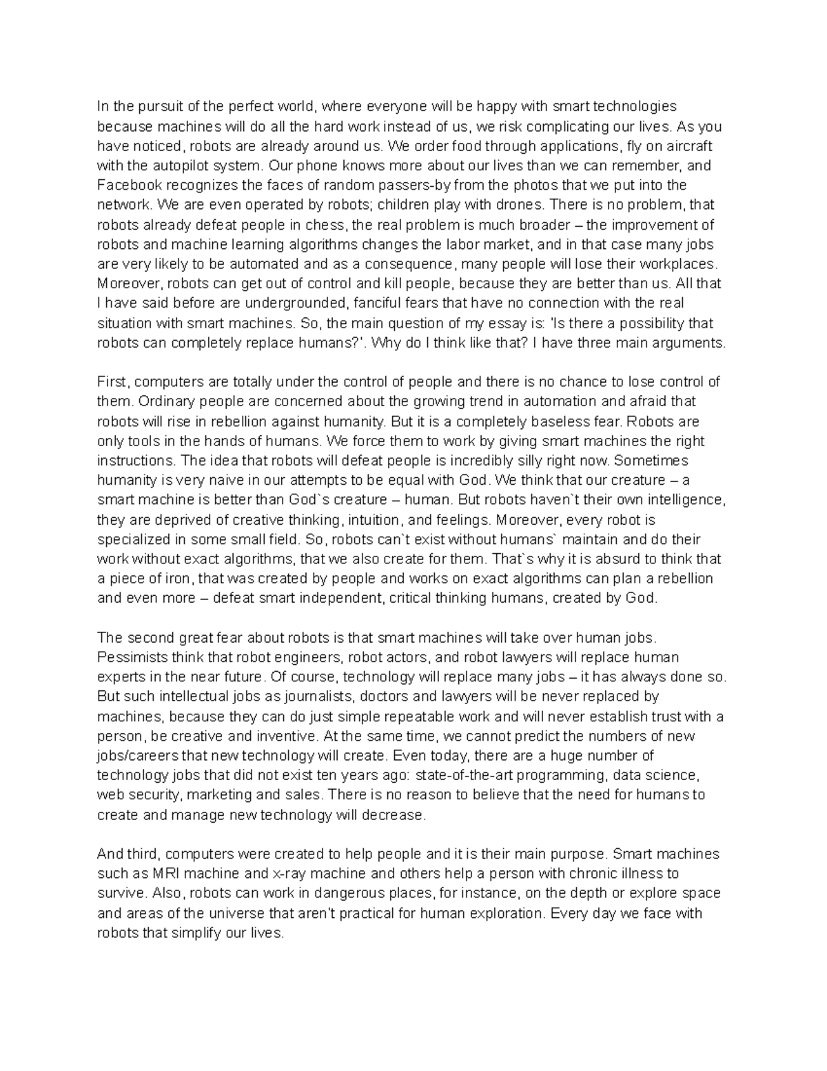 Robots Vs Humans Essay - Analyzing the Impact on Society & Jobs - Studocu