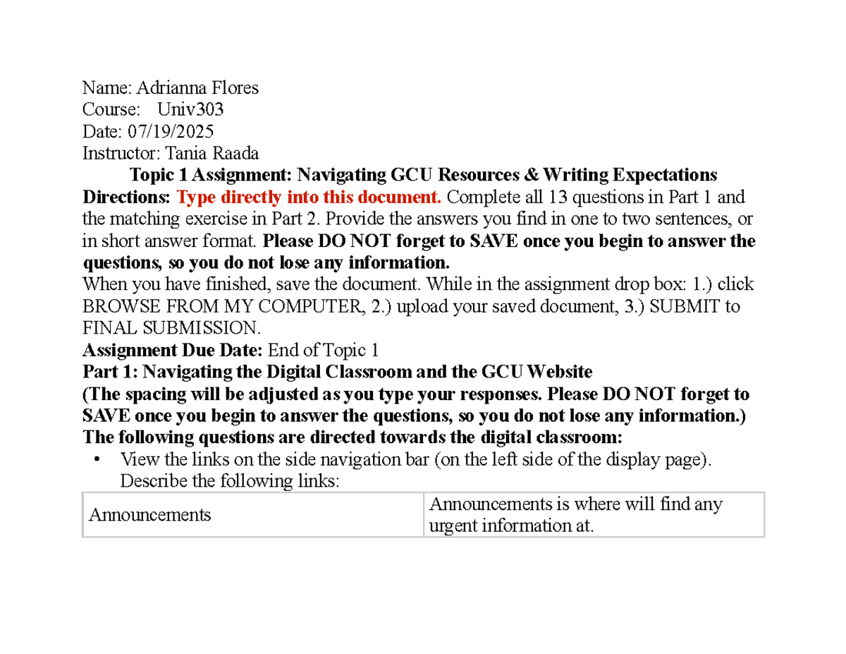 UNV 303 T1 Assignment: Navigating GCU Resources Worksheet - Studocu