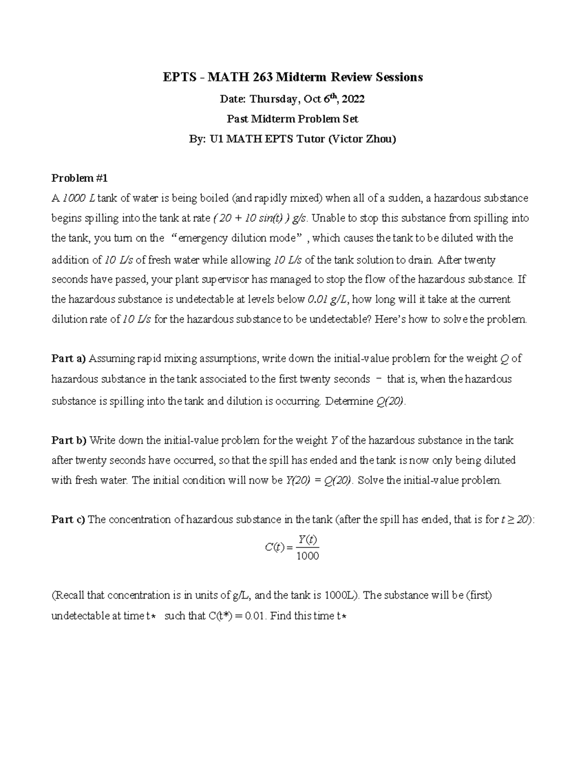 MATH 263 Midterm Review Problems - EPTS - MATH 263 Midterm Review ...