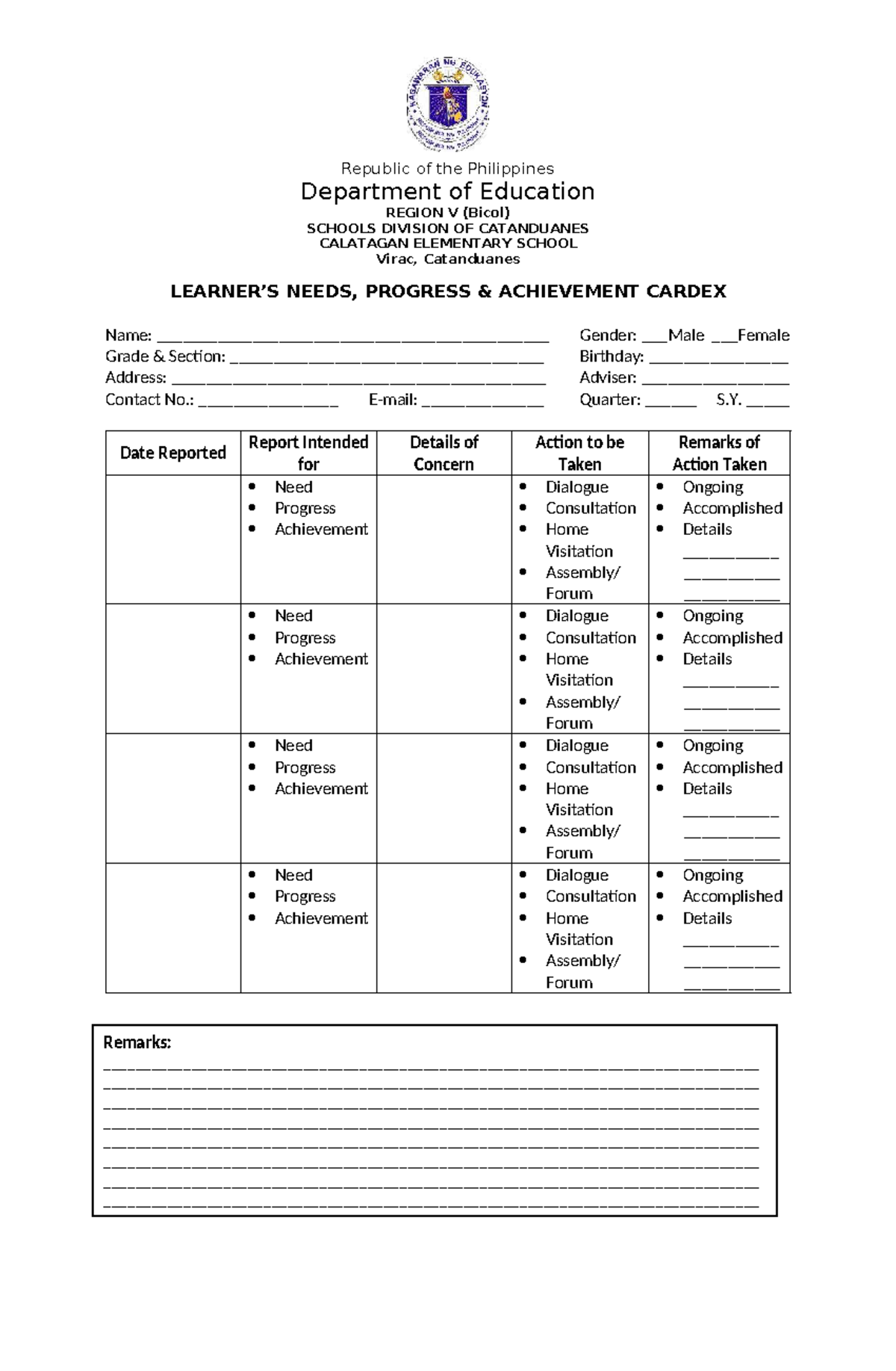Grade 2 ARAL Program: Needs & Progress Cardex Report - Studocu