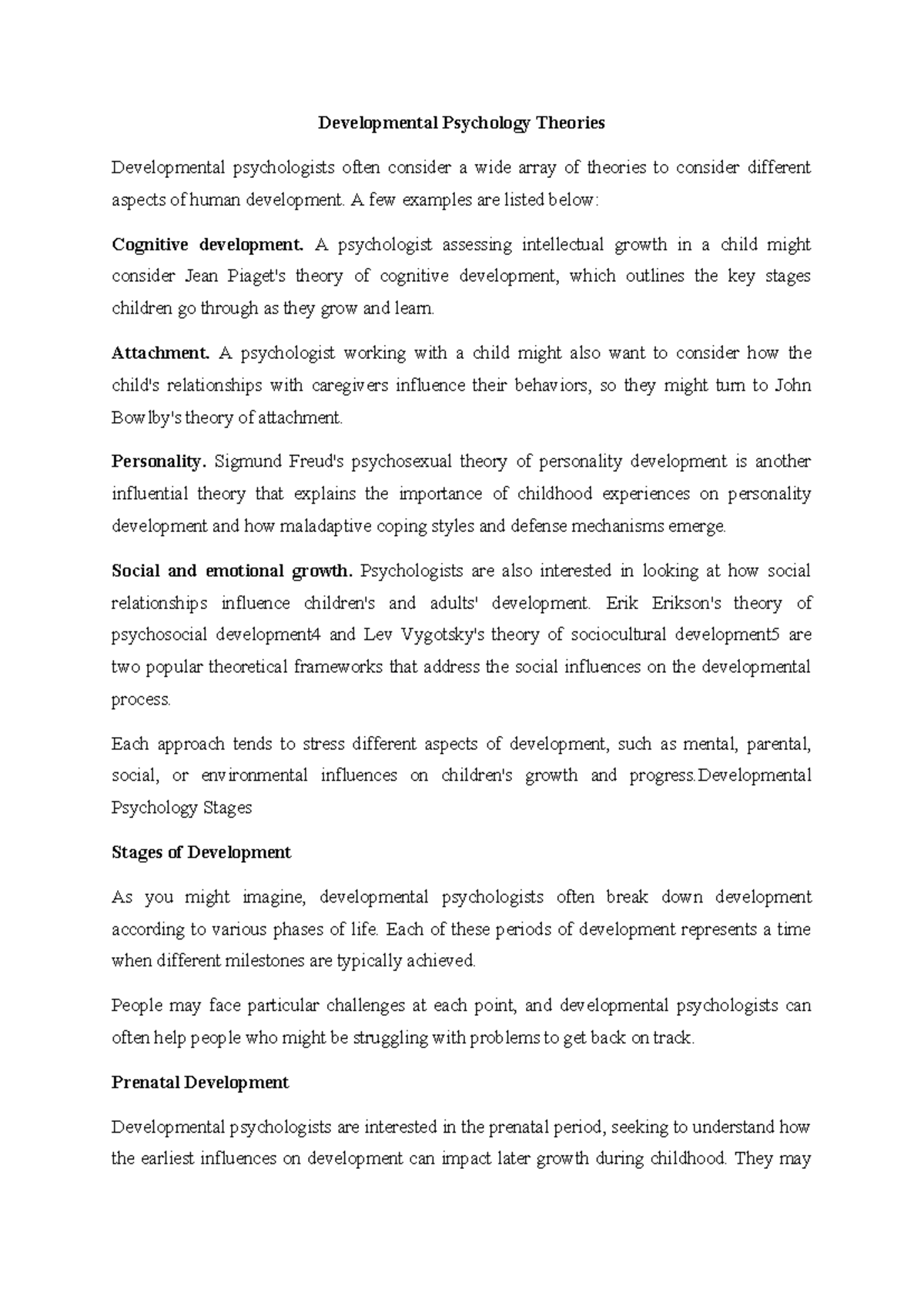 Developmental Psychology Theories and Stages Overview - Studocu