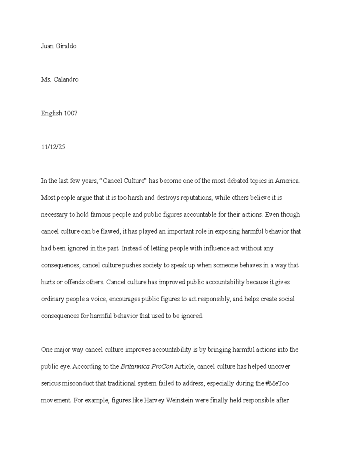 English 1007: Argument Essay on Cancel Culture and Accountability - Studocu