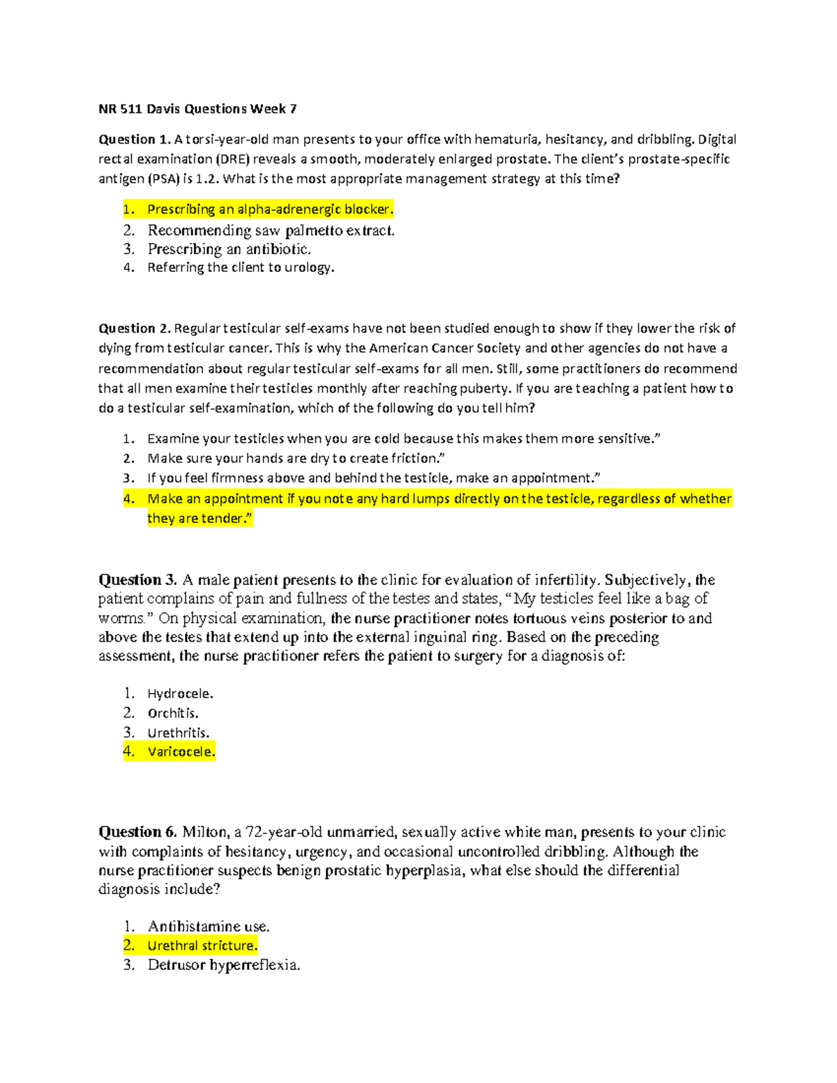Week 7 - Davis Edge - Questions from book - NR 511 Davis Questions Week ...