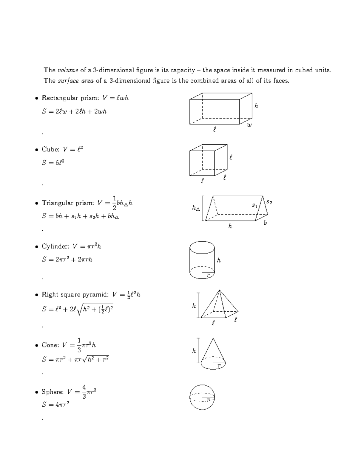 Week 13 MATH 1051 Surface Area & Volume Formulas Summary - Studocu