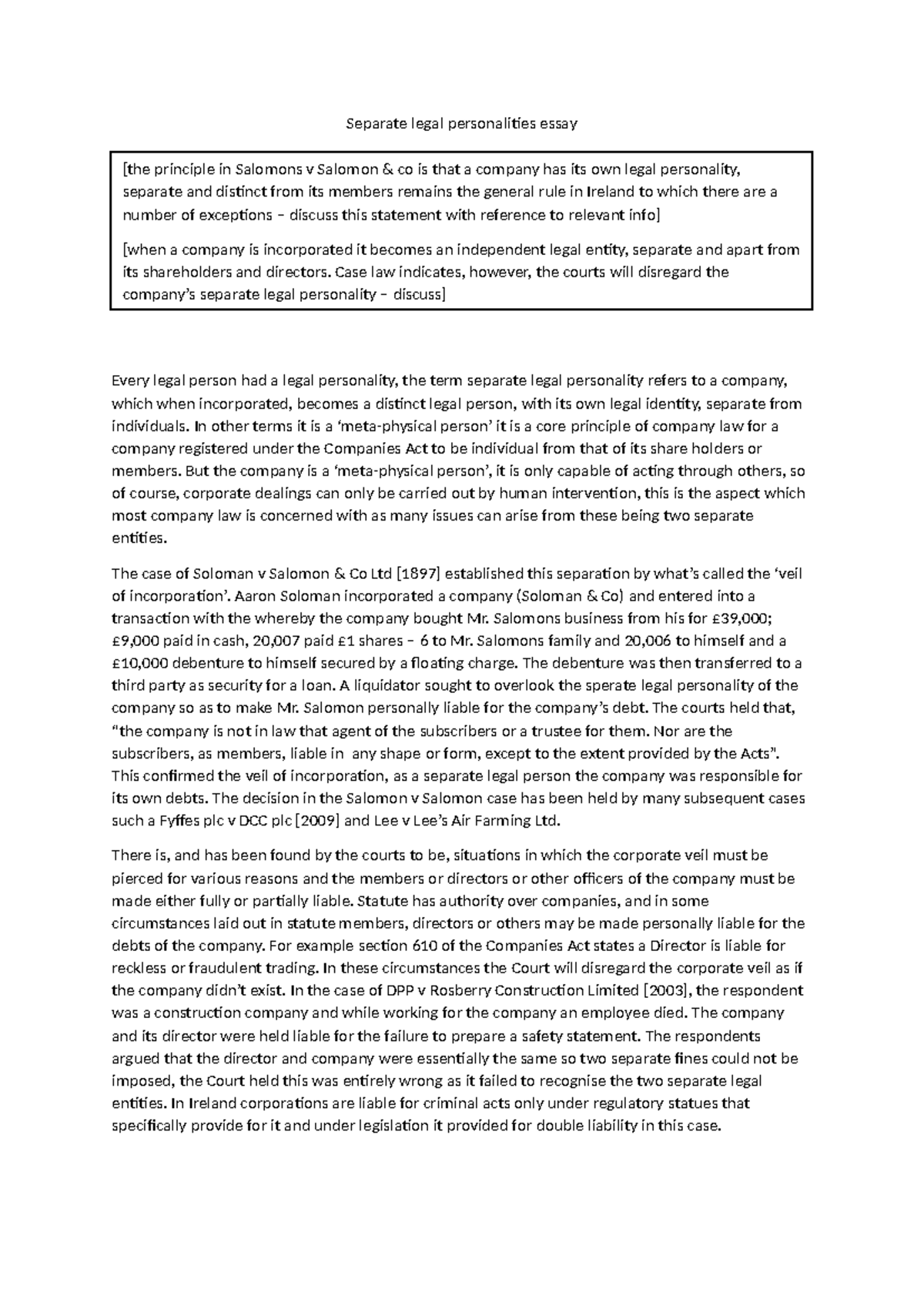 Separate Legal Personality: Essay for Company Law Exam Prep (CL 301 ...