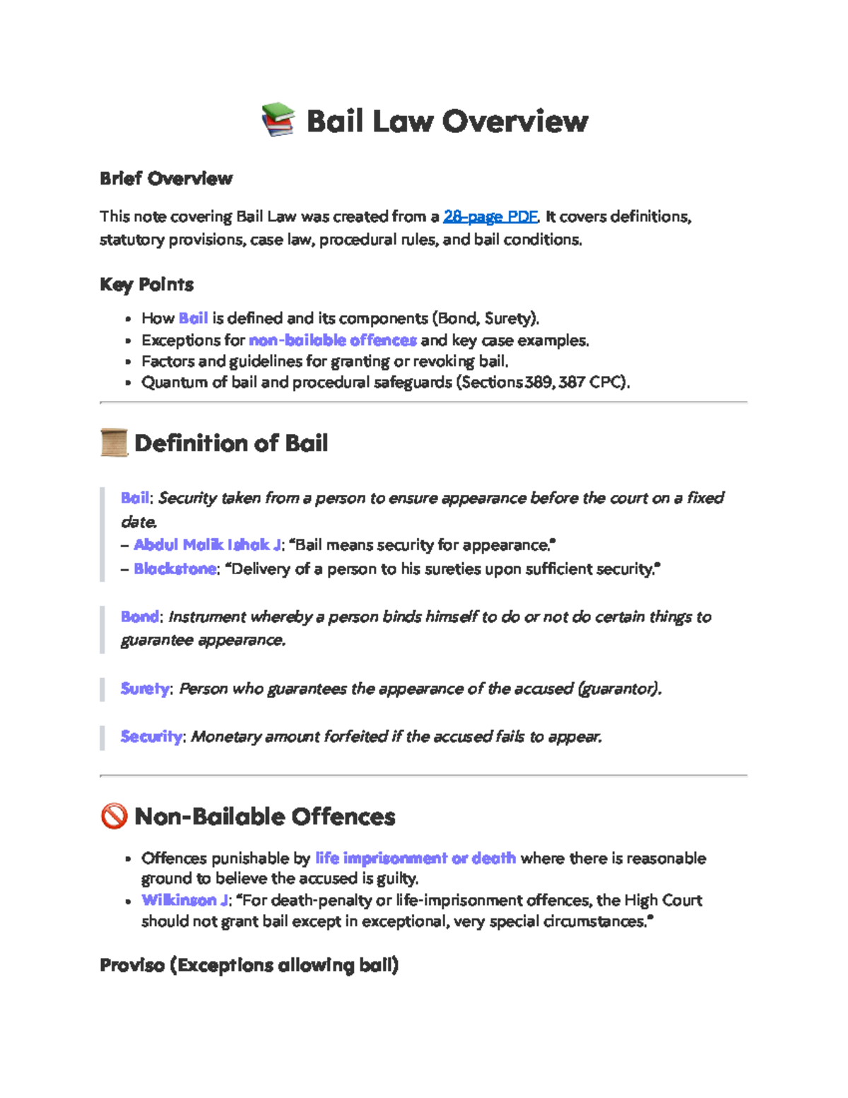 Bail Law Overview: Key Concepts and Case Law Summary (LAW 101) - Studocu