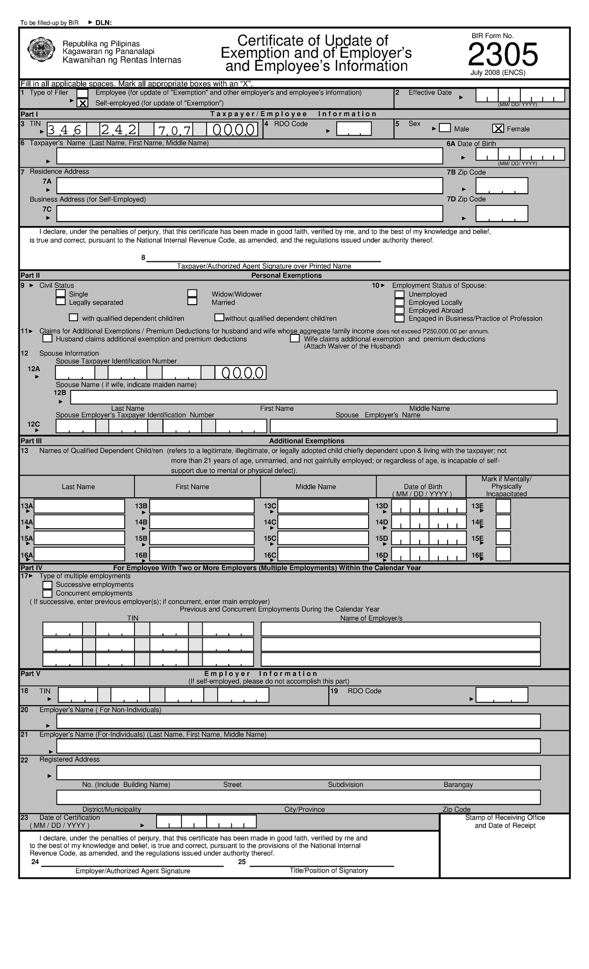 BIR Form 2305 - Certificate for Update of Exemptions & Info - Studocu