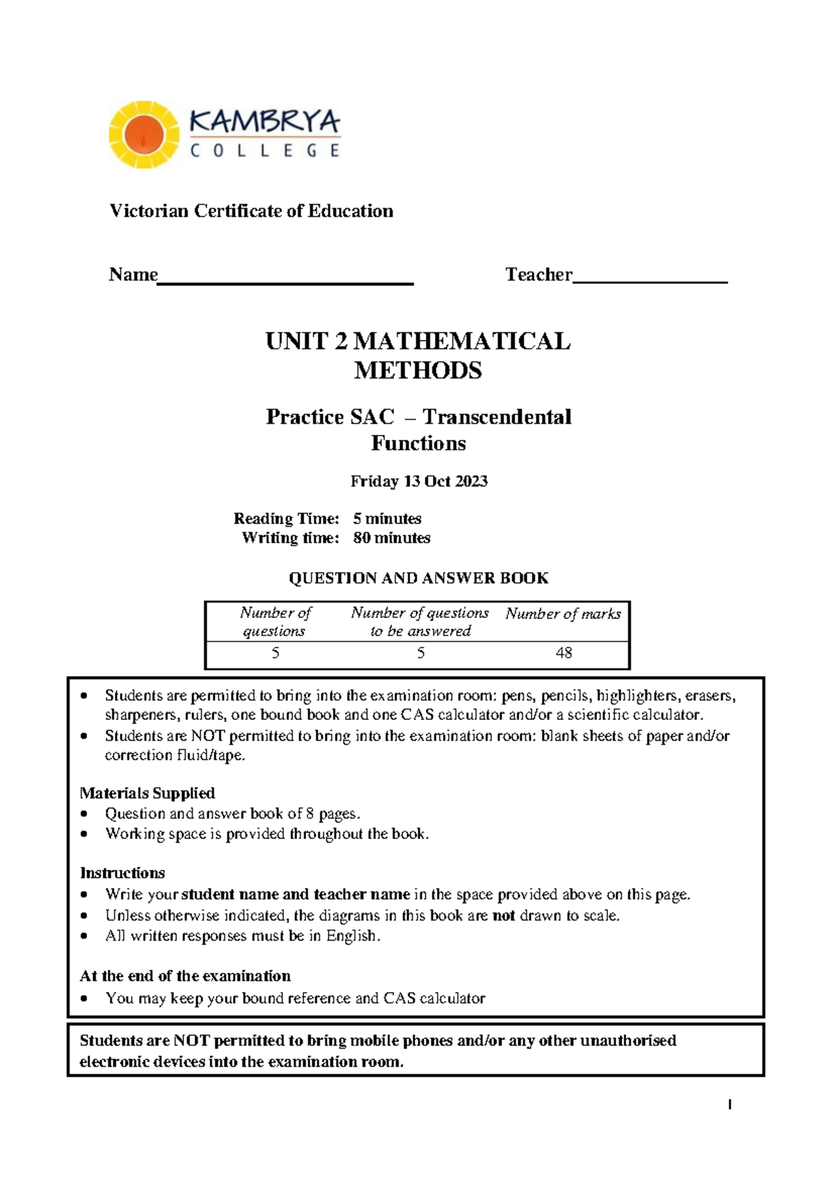 Year 11 Methods Unit 2 Practice SAC - Transcendental Functions - Studocu