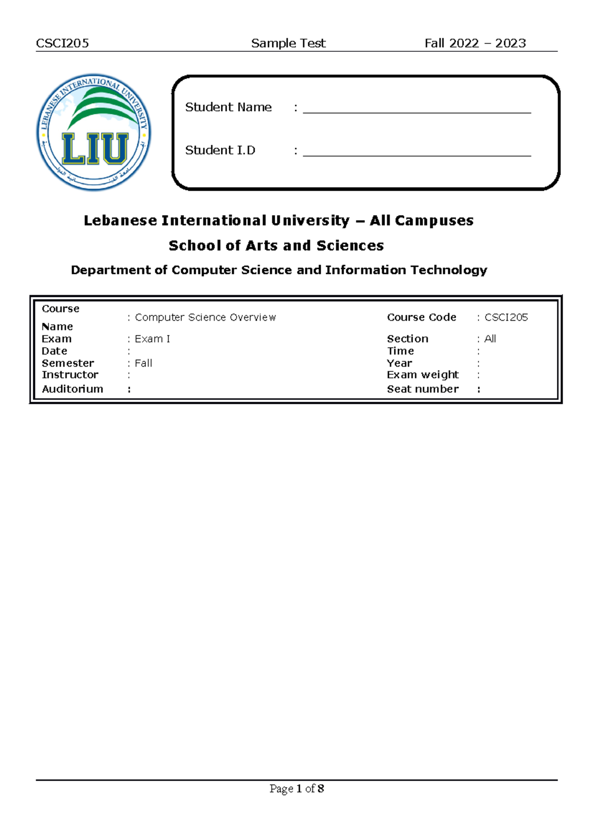 CSCI Exam I Sample Questions: Fall Semester Overview - Studocu