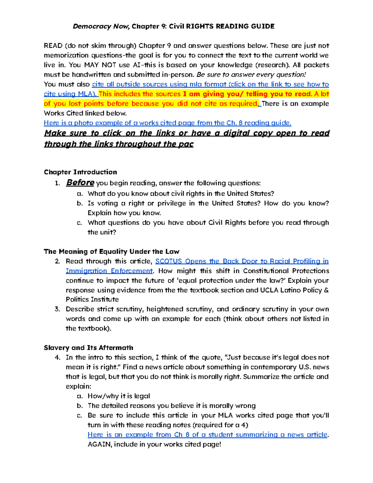 American Democracy Now, Ch. 9: Civil Rights Reading Guide & Questions ...