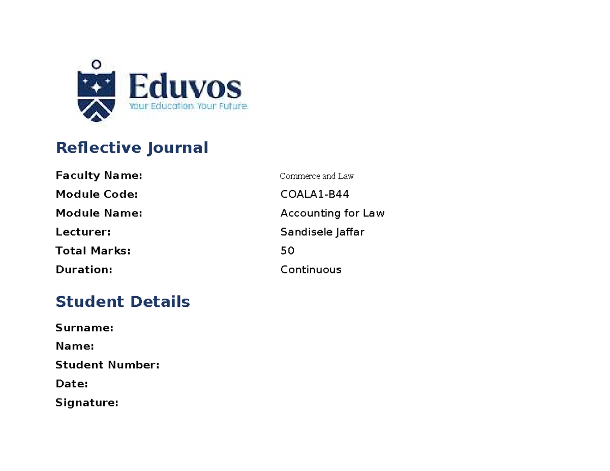 Reflective Journal Template: Accounting for Law (Module Code) - Studocu