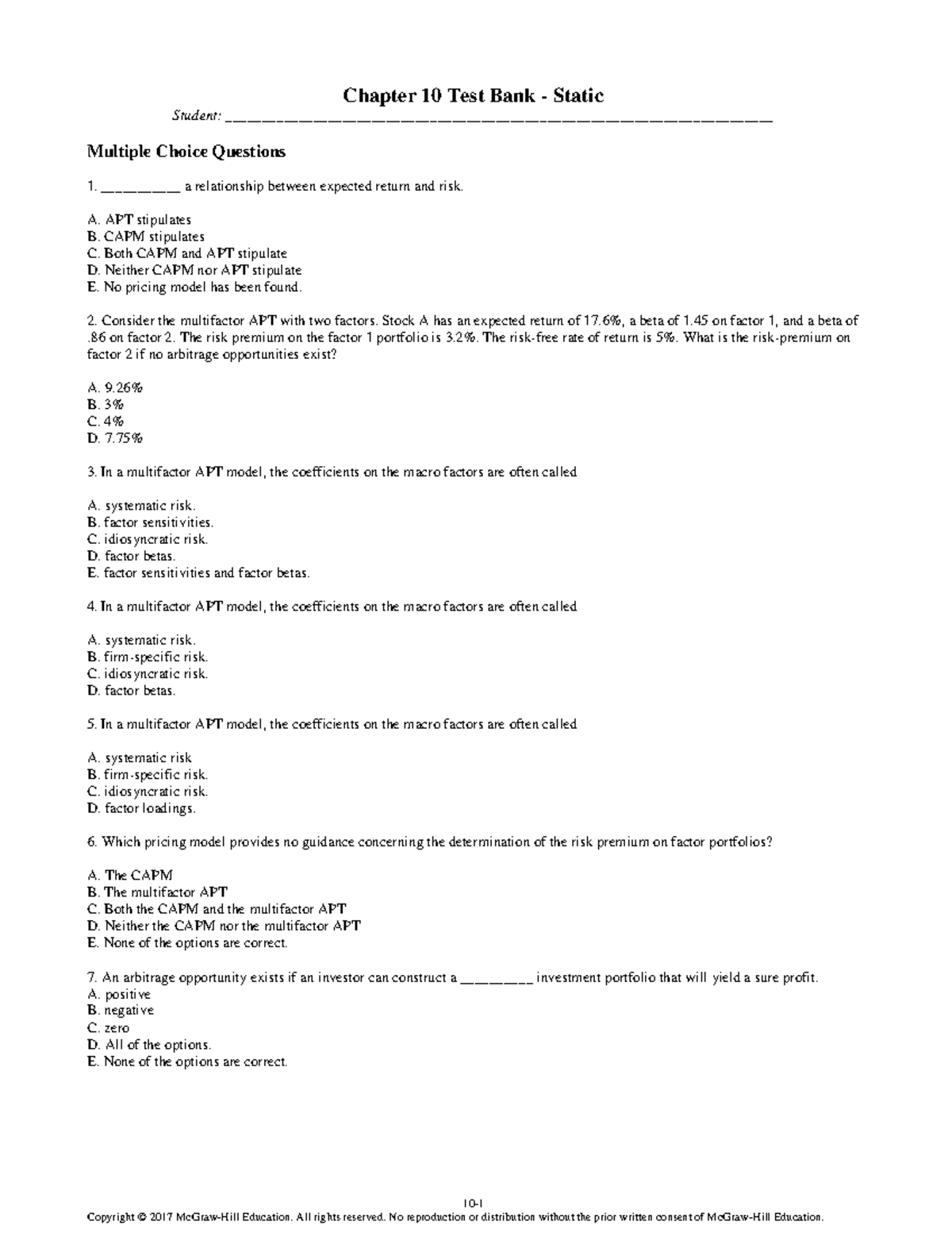 Chapter 10 Test Bank - Fin 521: APT & CAPM Multiple Choice Questions ...