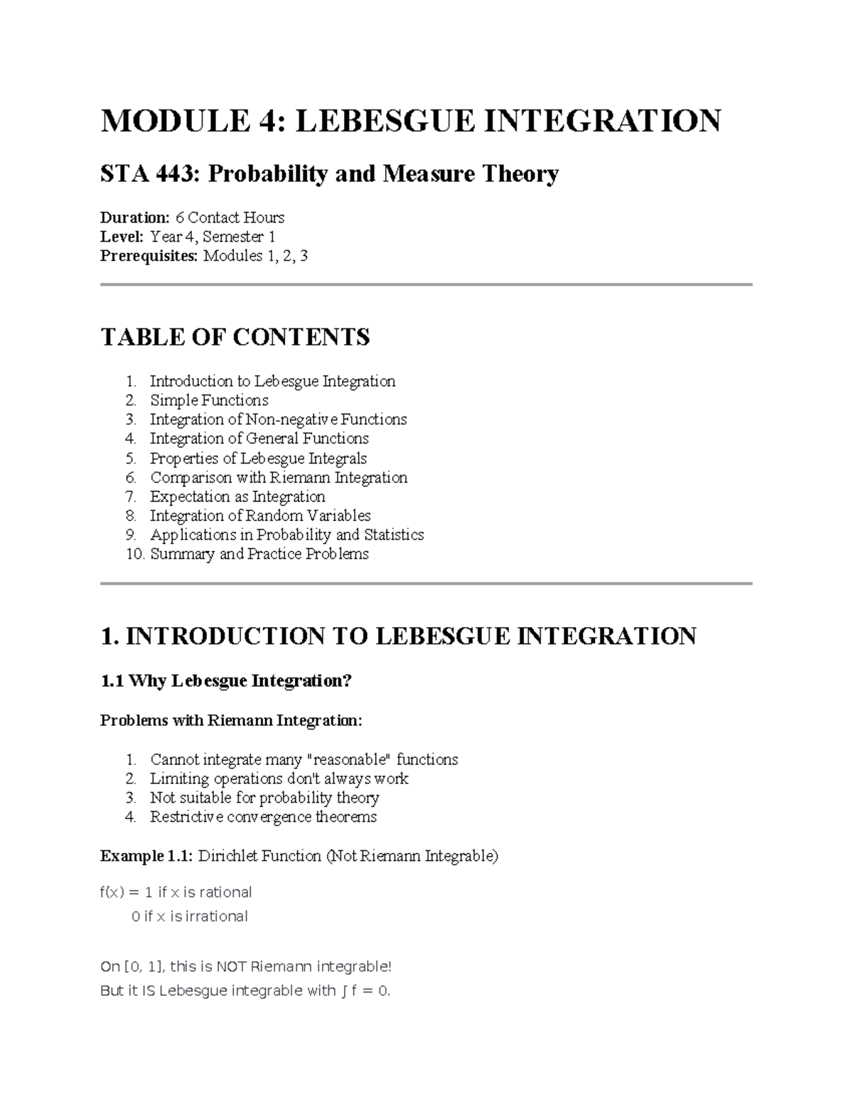 STA 443 Module 4: Lebesgue Integration & Measure Theory Notes - Studocu