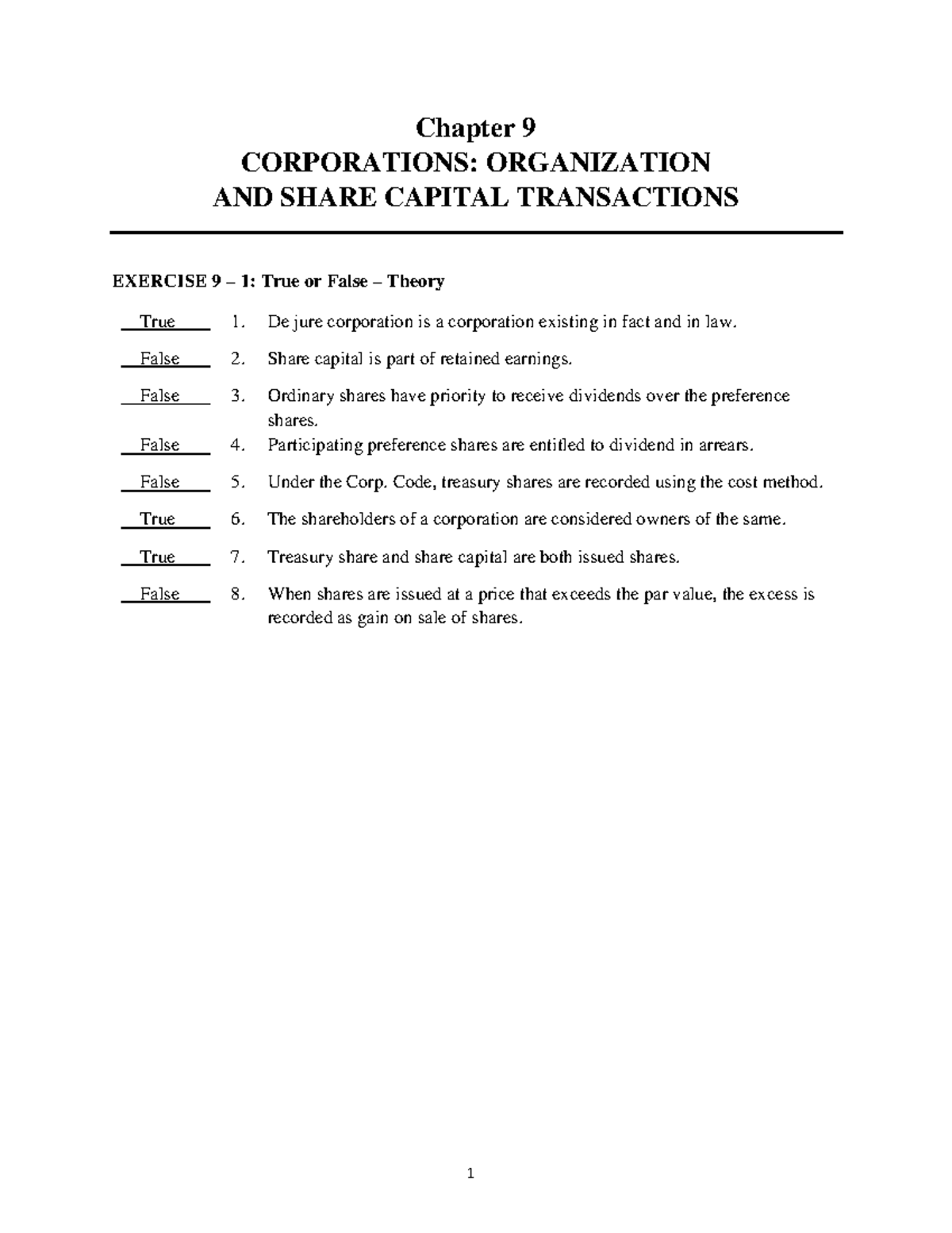 Chapter 9: Corporations - Org. & Share Capital Transactions Exercises T ...