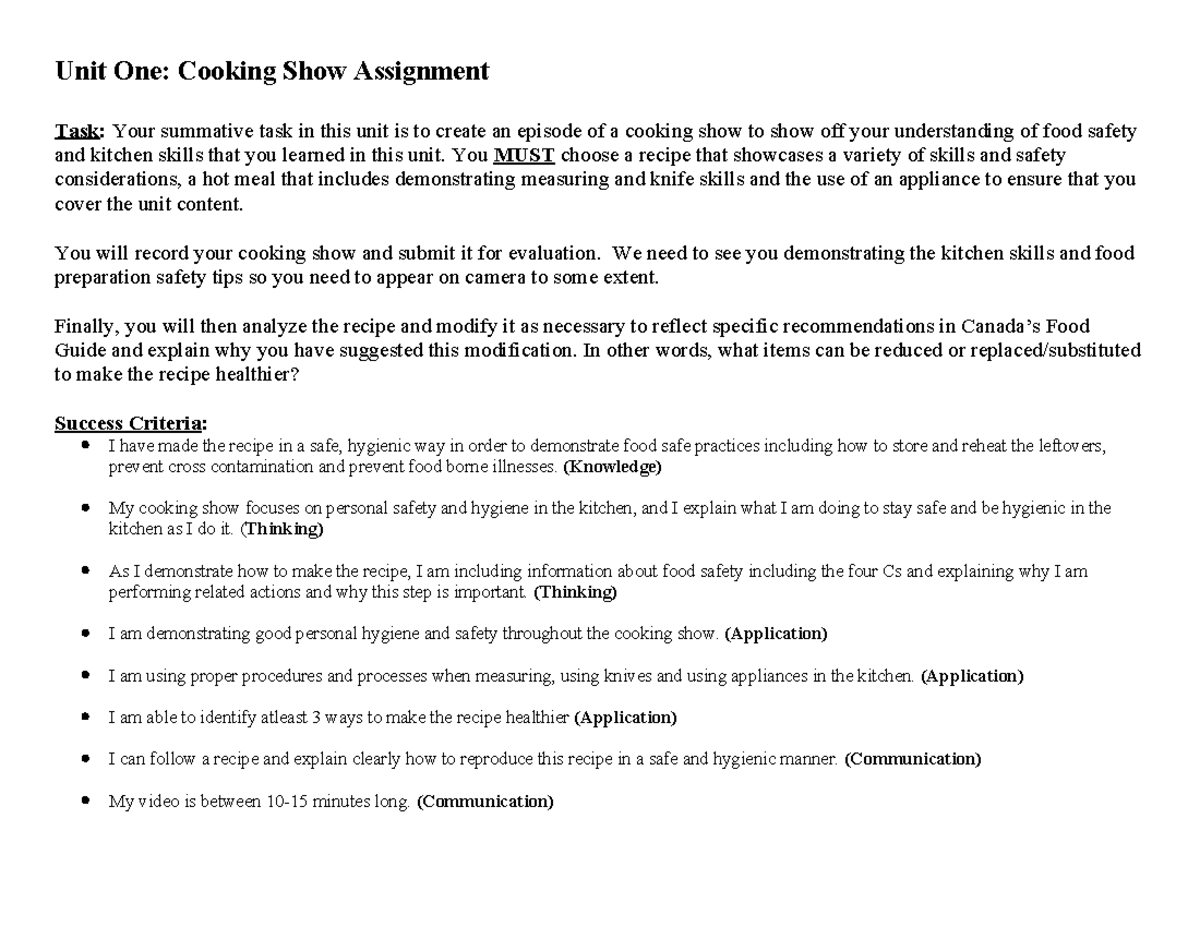 1721310647-Cooking Show Rubric January 24 - Unit One: Cooking Show ...
