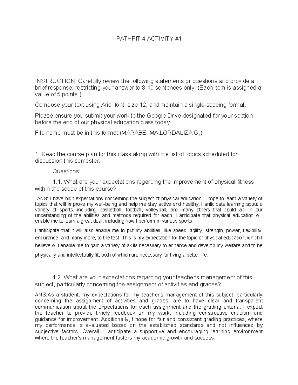 PE 4 Activity 1: Expectations for Physical Education Course Success ...