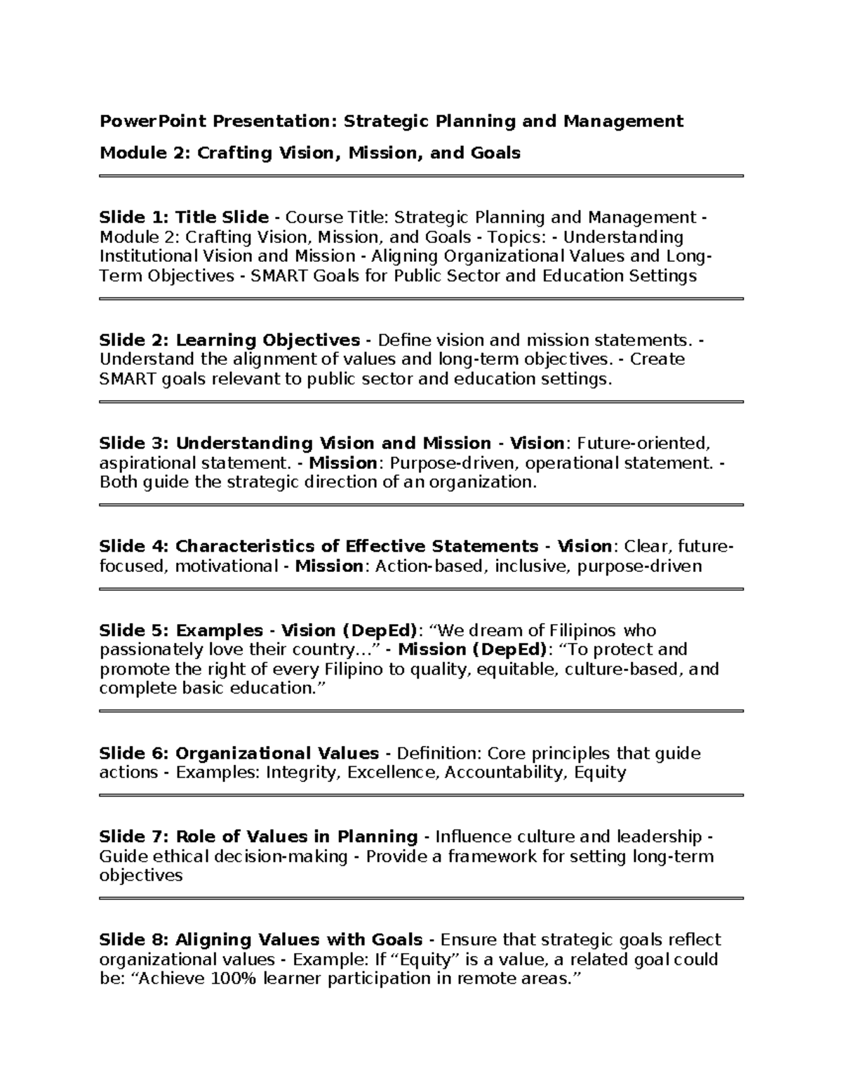 Strategic Planning & Management: Module 2 Vision, Mission & Goals - Studocu
