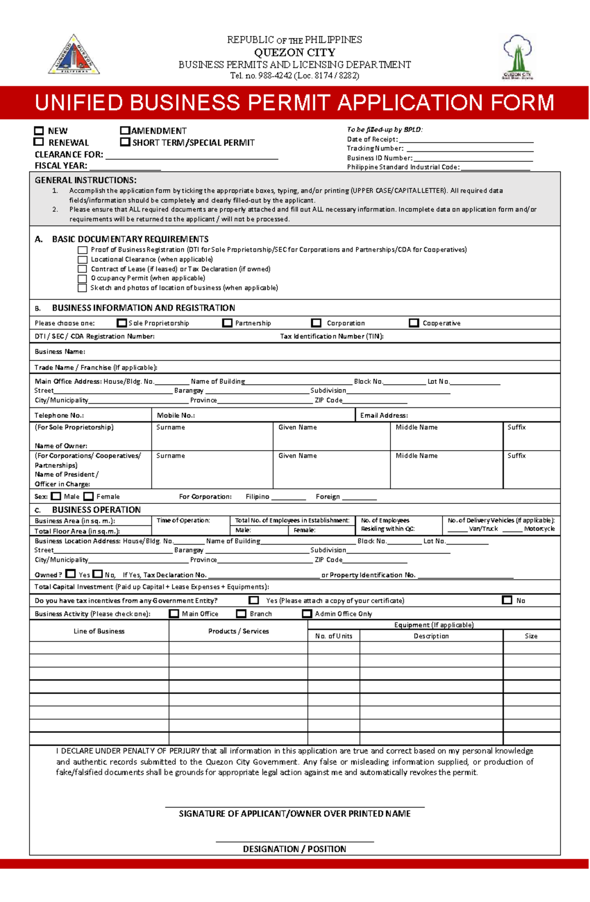 Unified Business Permit Application Form - Quezon City BPLD - Studocu