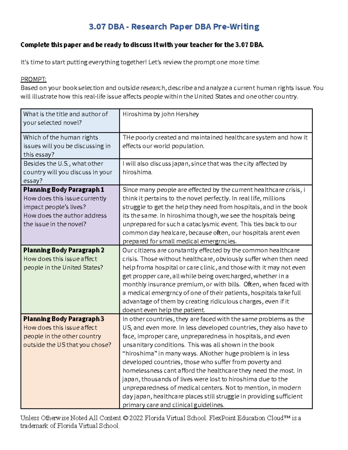 3.07 DBA Research Paper Prewriting Graphic Organizer on Human Rights ...