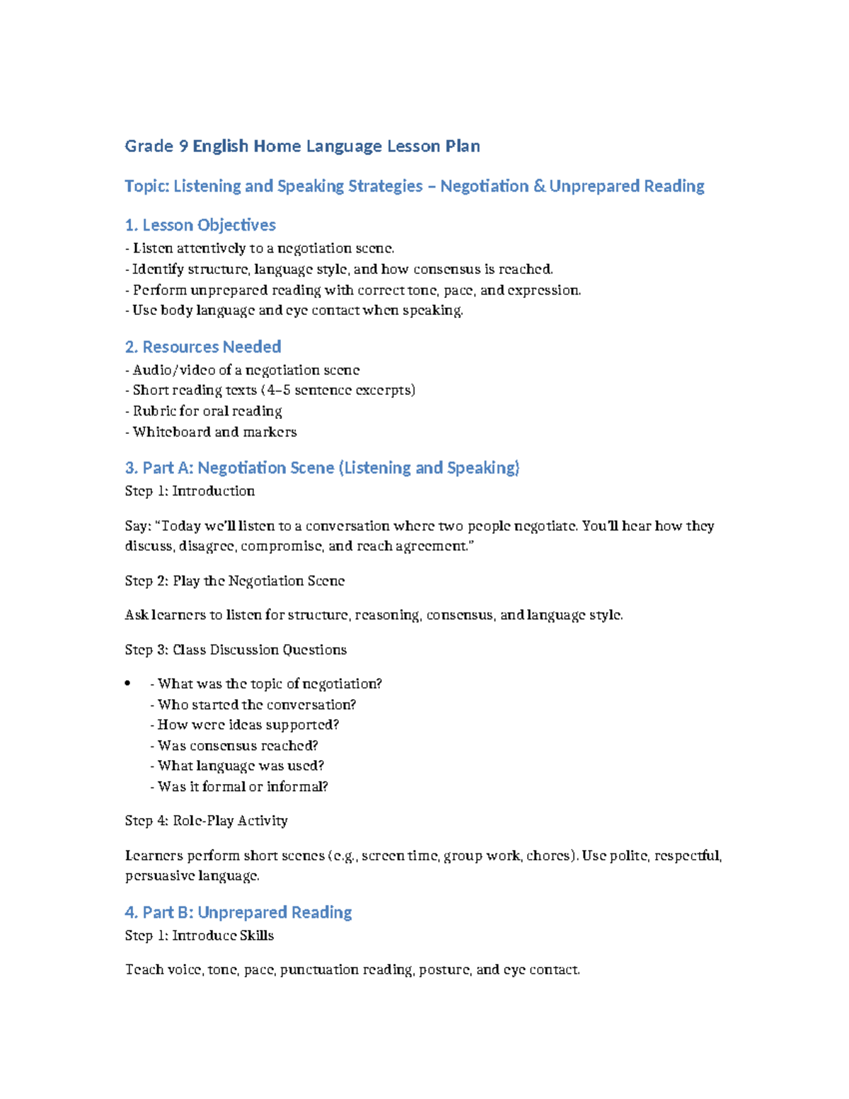 Grade 9 English Lesson Plan: Listening & Speaking Strategies - Studocu