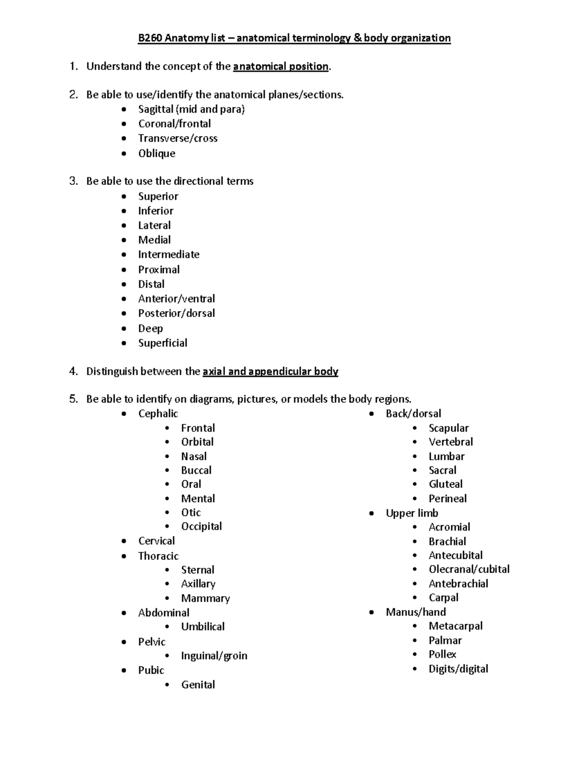 B260 Anatomy: Anatomical Terminology & Body Organization Guide - Studocu