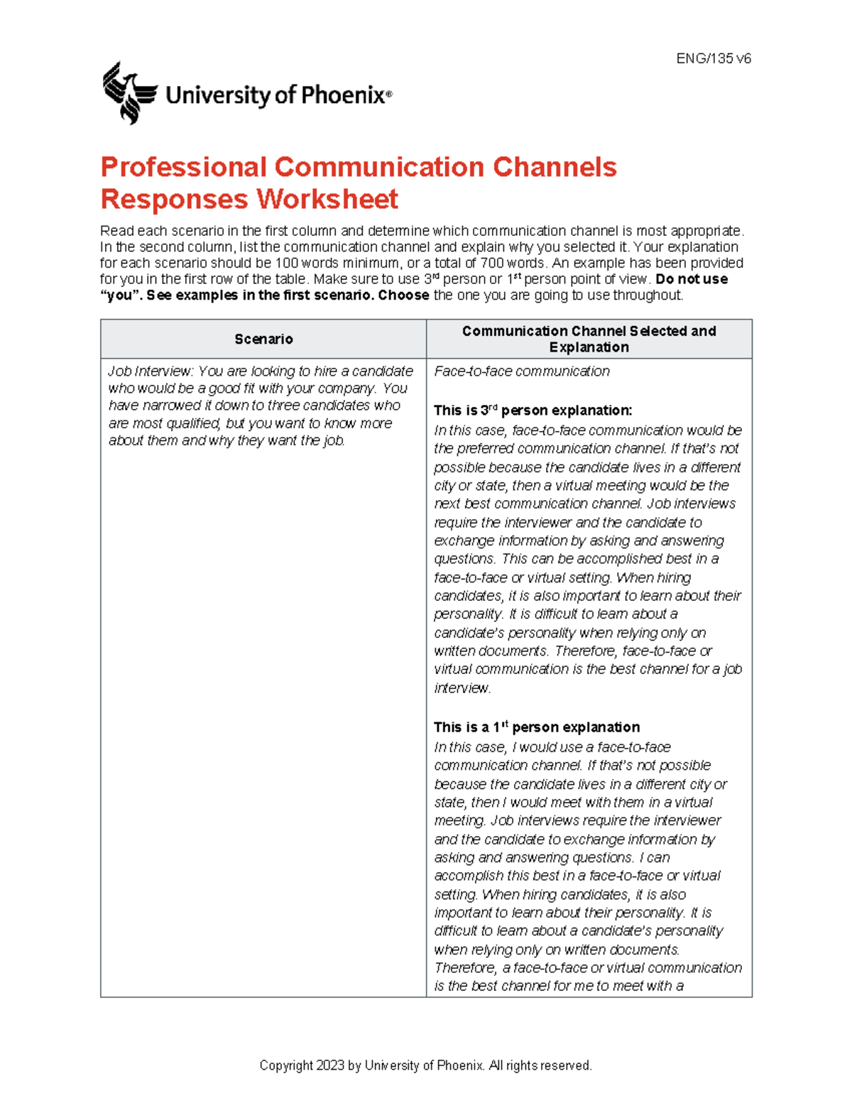 ENG/135 v - Professional Communication Channels Responses Worksheet ...