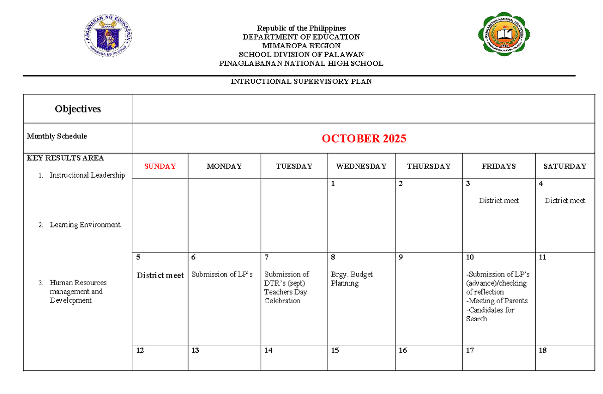 Instructional Supervisory Plan - October 2025 Schedule - Studocu