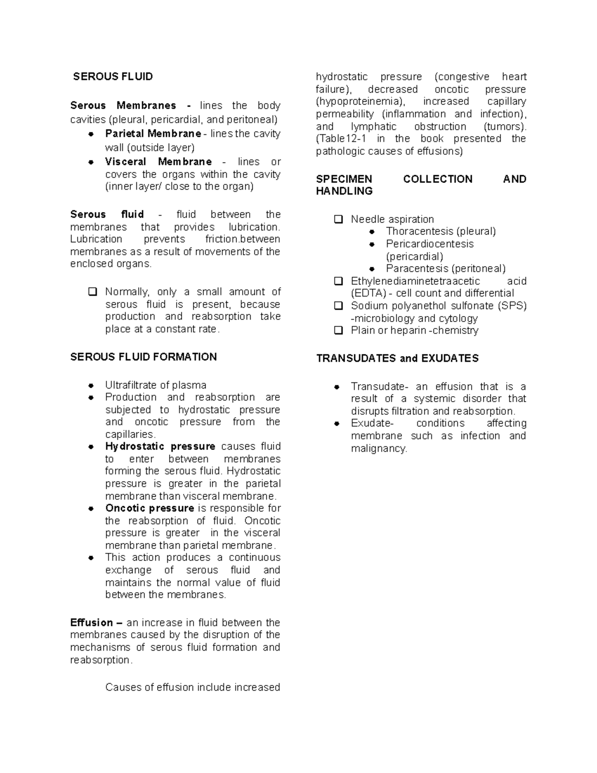 Summary Notes ( Serous Fluid) - SEROUS FLUID Serous Membranes - lines ...