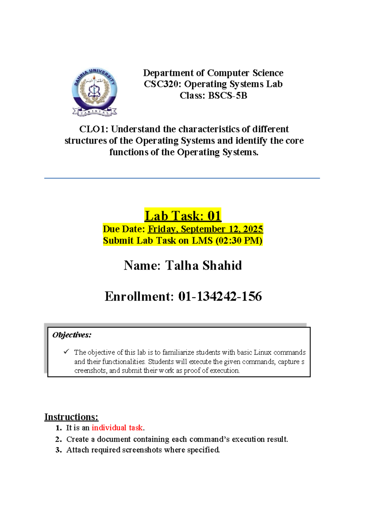 CSC320: Operating Systems Lab 01 - Linux Commands & Execution Guide - Studocu